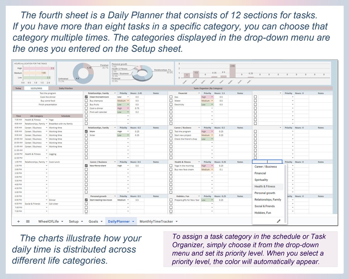 Life Wheel, Daily Planner Sheet, Life Balance Wheel, Daily Hourly ...