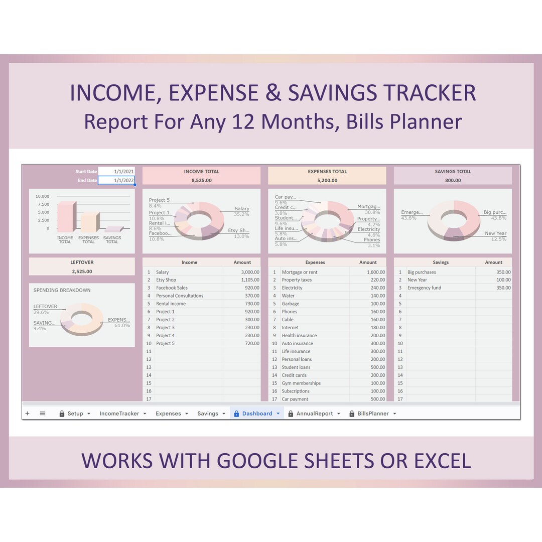 Income Expense Bills Savings Tracker Personal Family Budget Cash Flow ...
