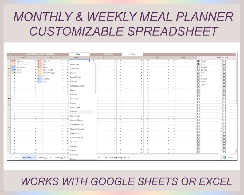 Meal Planning Spreadsheet Grocery List Template Monthly Menu - Etsy