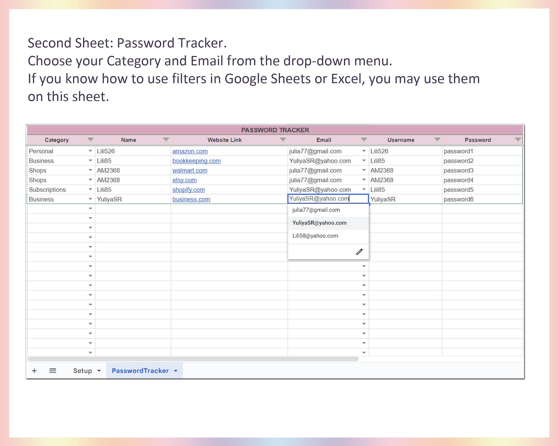 Excel Password Tracker Template Google Sheets Digital Log Accounts ...