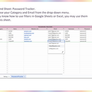 Password Tracker Template Spreadsheet Excel Google Sheets Digital Log Accounts Organizer Secure ...