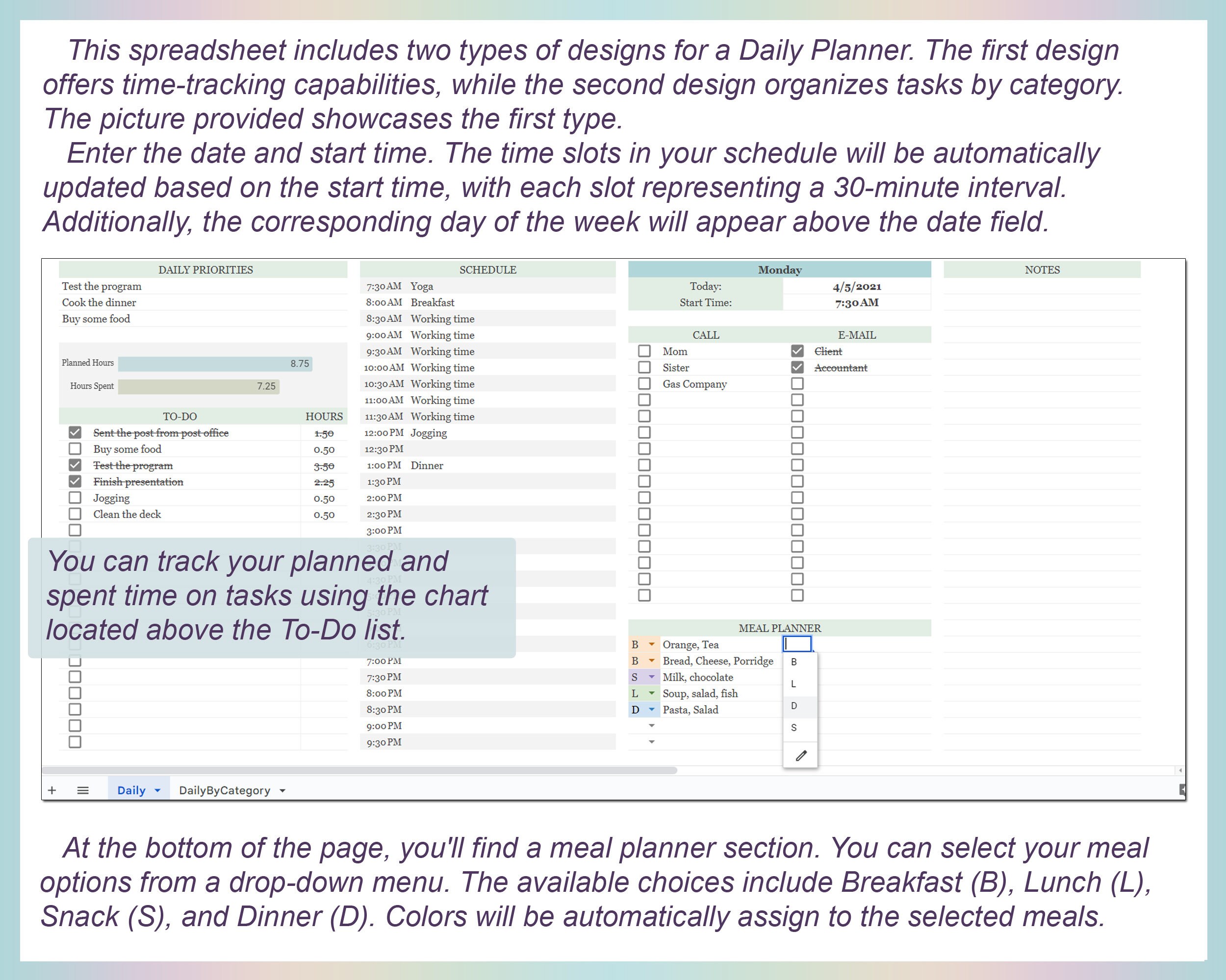 Daily Planner Sheet Time Management Working Hours Organizer To-do List ...