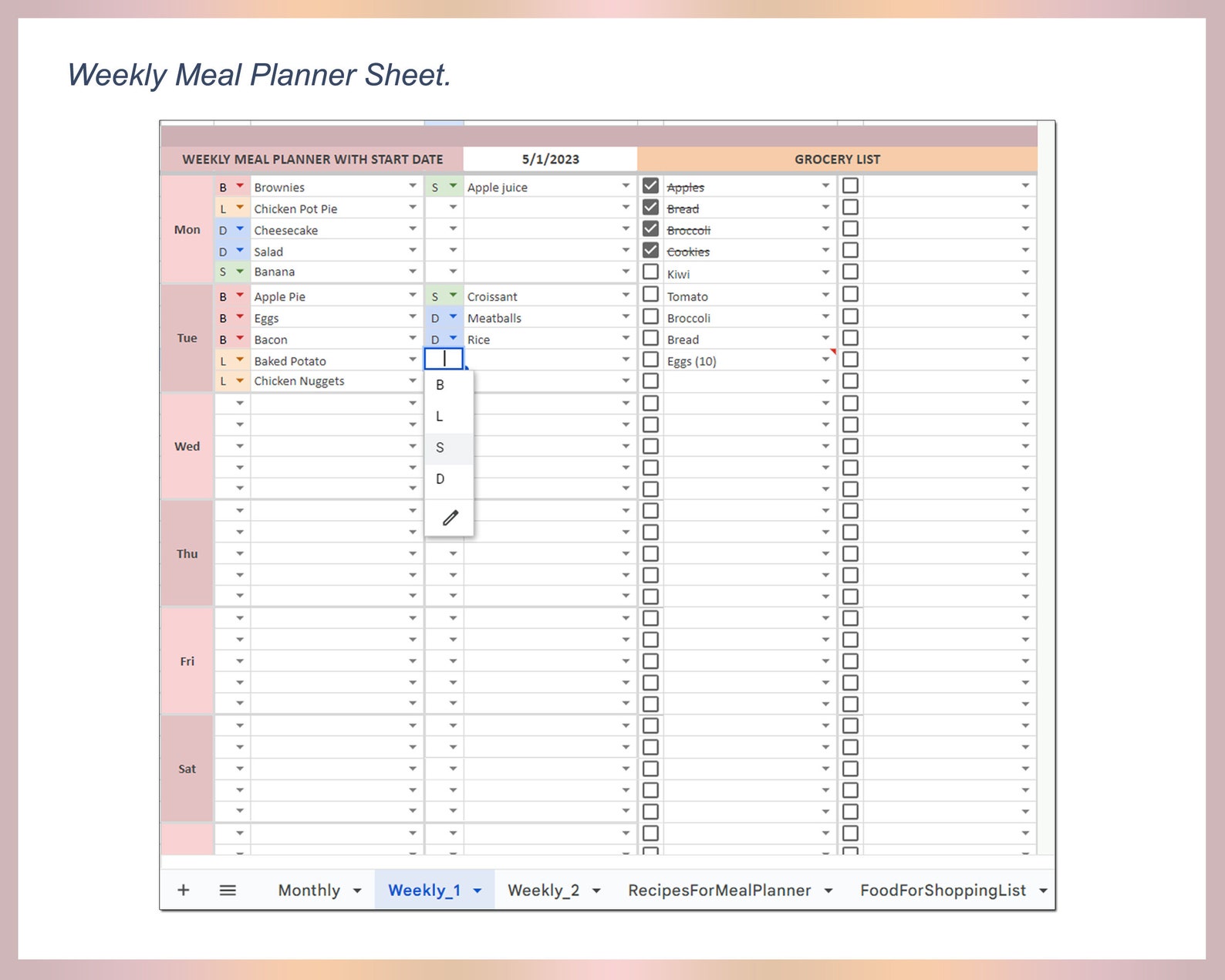 Excel Meal Planner, Grocery List, Simple Meal Planner, Meal Planner ...