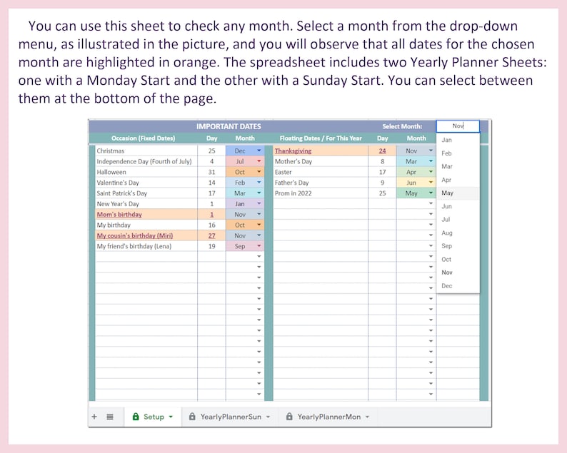 Important Dates Tracker, Yearly Calendar, Birthdays Tracker, Weeks in a ...