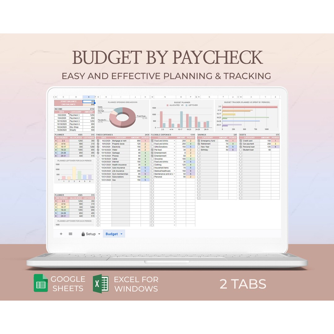 Paycheck Budget Spreadsheet Monthly Planner Template Excel Google ...