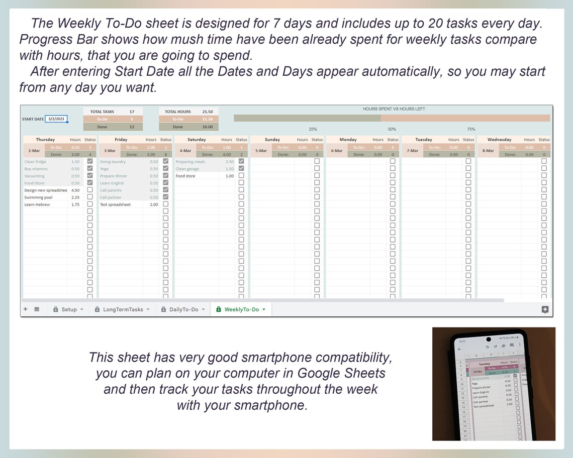 To Do List Template, Time Management Tool, to Do List Google Sheet, to ...