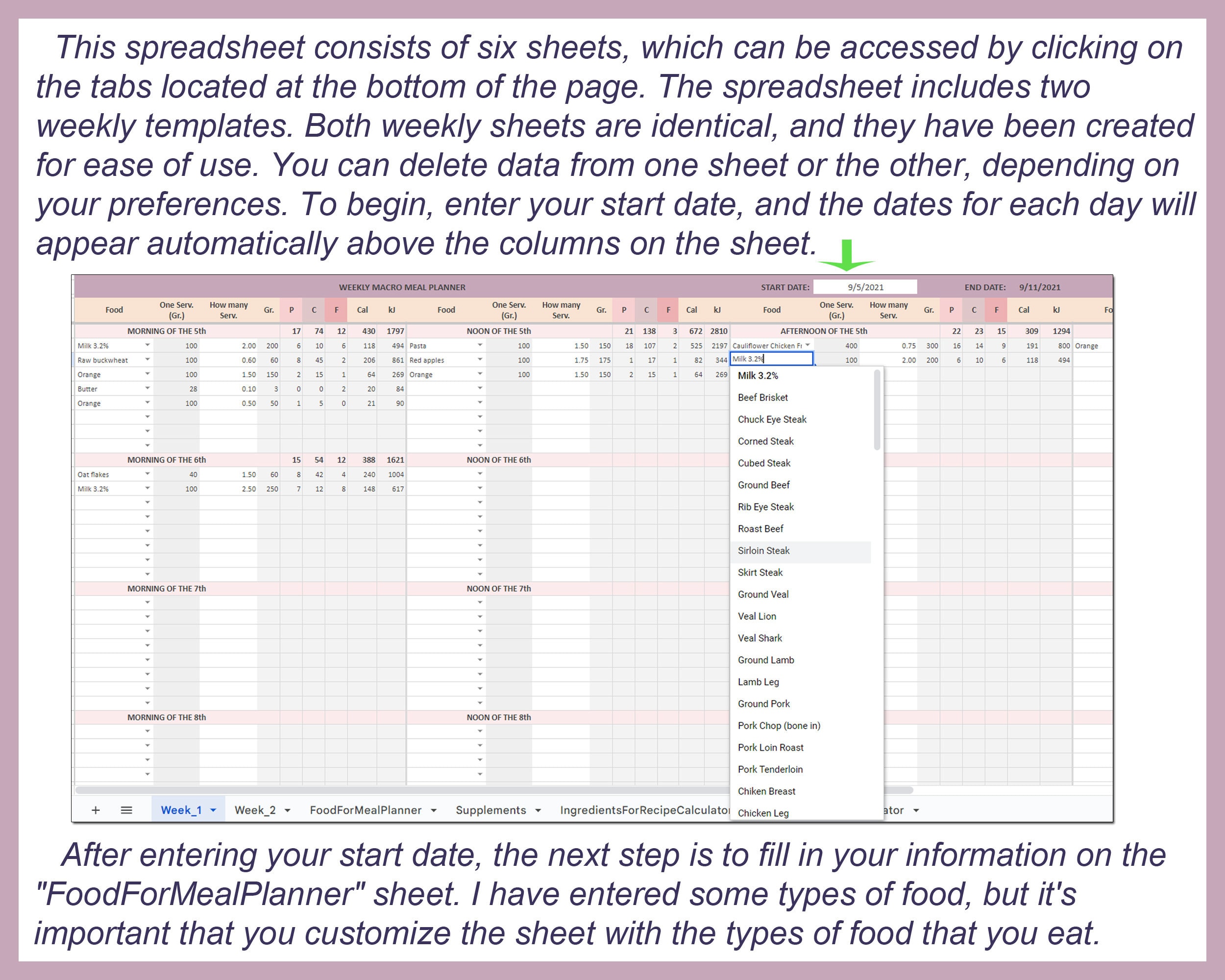 Macro Diet Meal Planner Excel Template Digital Fitness Meal Tracker ...