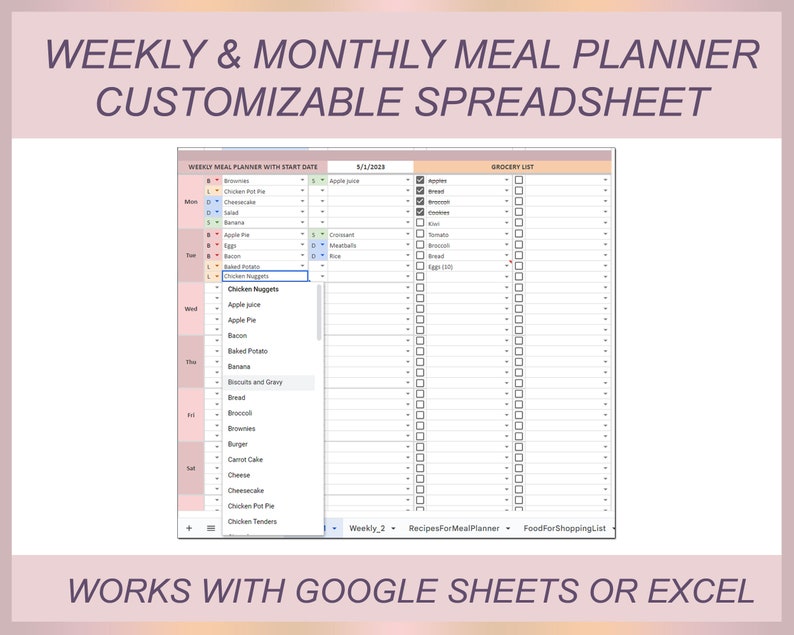 Excel Meal Planner Grocery List Simple Meal Planner Meal - Etsy