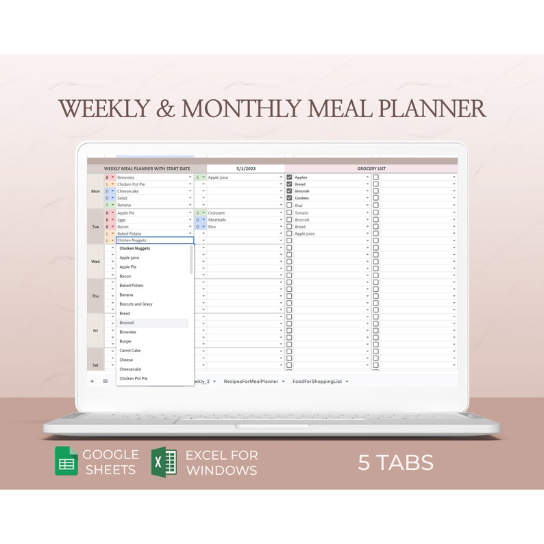 Meal Planning Spreadsheet, Grocery List Template, Monthly Menu Planner ...