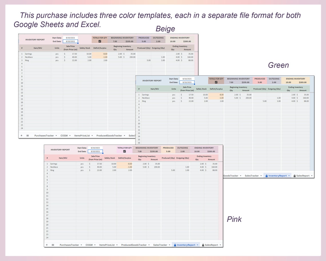 Inventory Spreadsheet Excel Google Sheets Pricing Sheet Sales Tracker ...