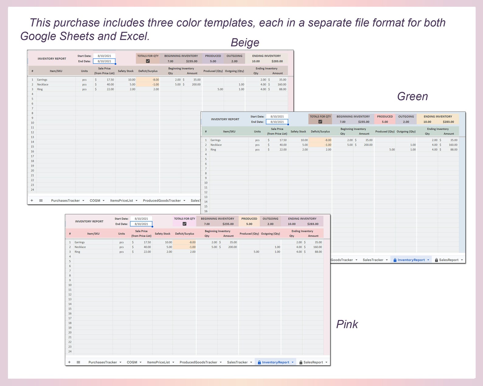 Inventory Spreadsheet Excel Google Sheets Pricing Sheet Sales Tracker ...