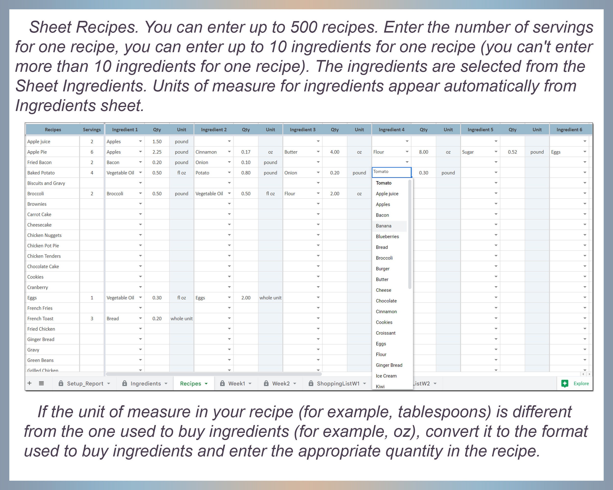 Meal Planner Spreadsheet Weekly Menu Excel Food Organizer Dinner ...