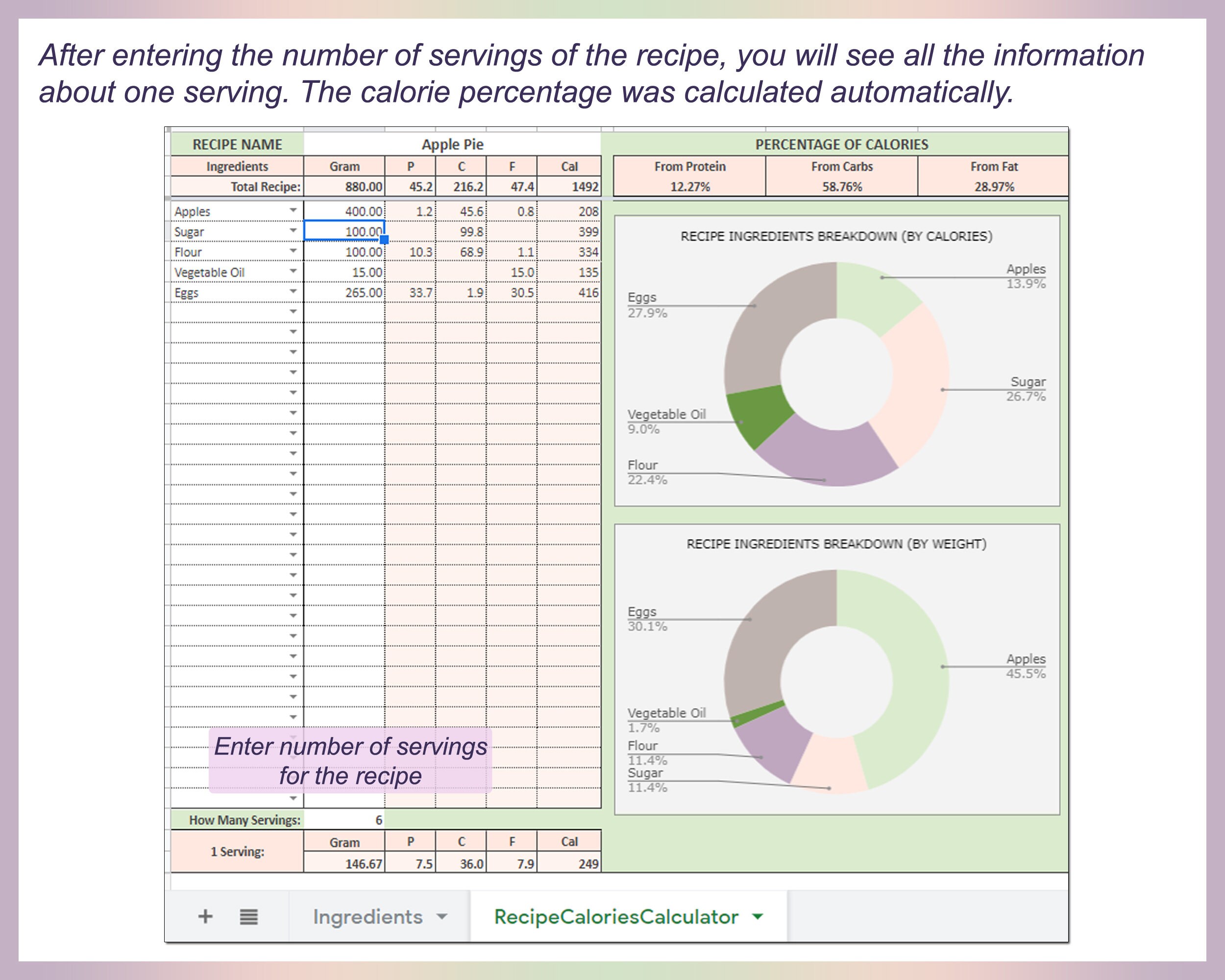 Recipe Calories Calculator Excel Nutrition Counter Meal Calorie Tracker ...