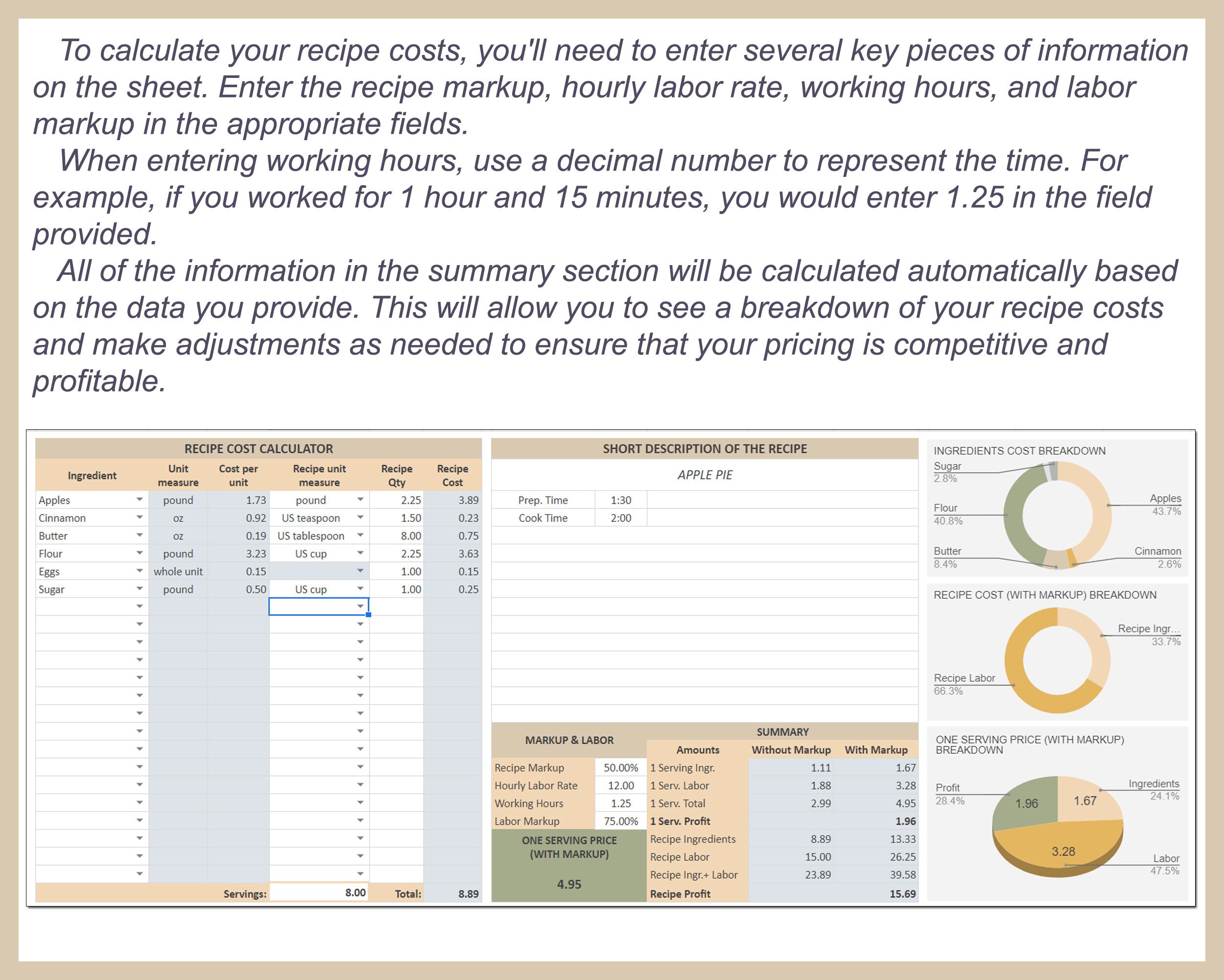 Recipe Cost Calculator Excel Template Cake Pricing Formula Baking Ingredient Costing Sheet ...