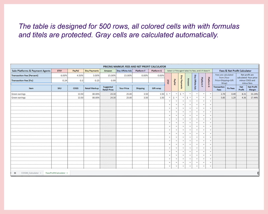 Product Costing Template EXCEL Product Planner Pricing - Etsy