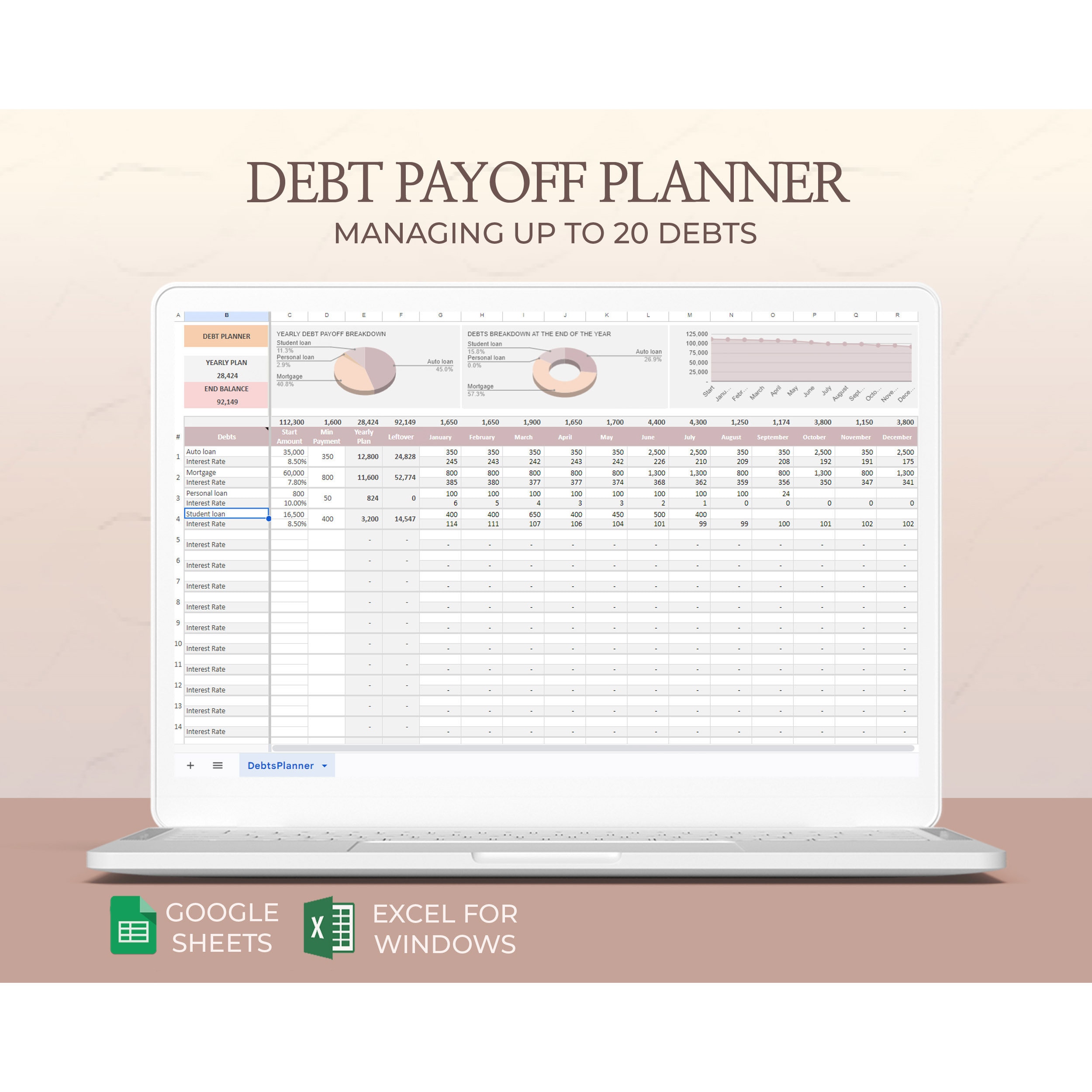 Debt Payoff Planner Spreadsheet Excel Google Sheets Calculator Debt ...