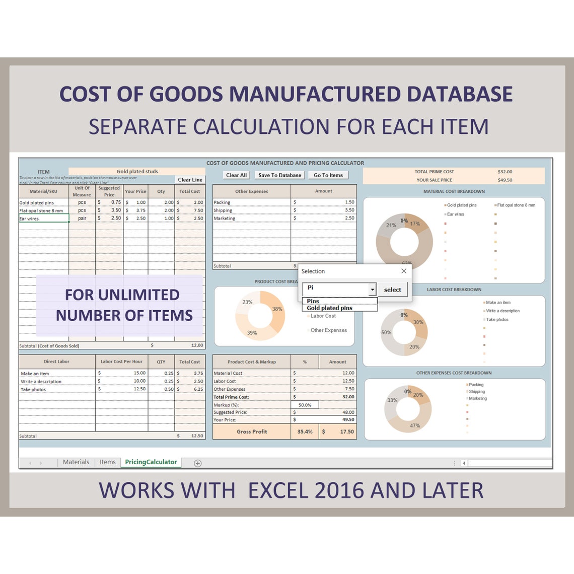 Product Cost Calculator, Product Database, Cost of Goods Sold, Pricing ...