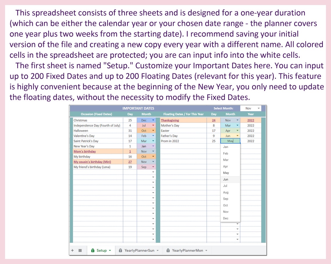 Important Dates Tracker, Yearly Calendar, Birthdays Tracker, Weeks in a ...