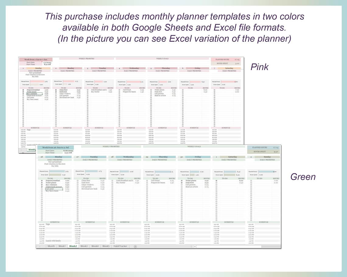 Monthly Planner Spreadsheet Weekly Hourly Calendar Weekly Schedule ...