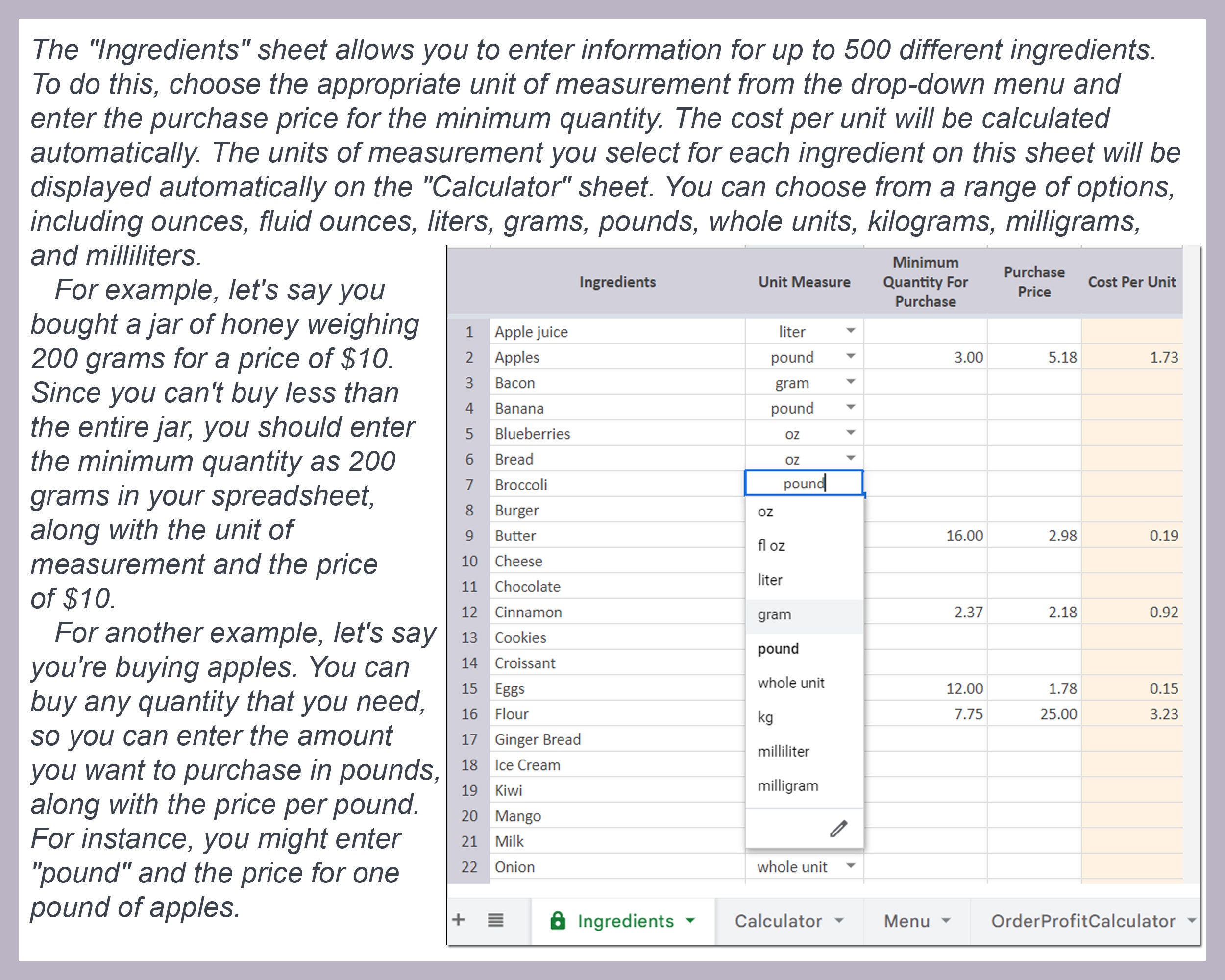 Recipe Cost Calculator Order Profit Template Baking Ingredient Formula ...