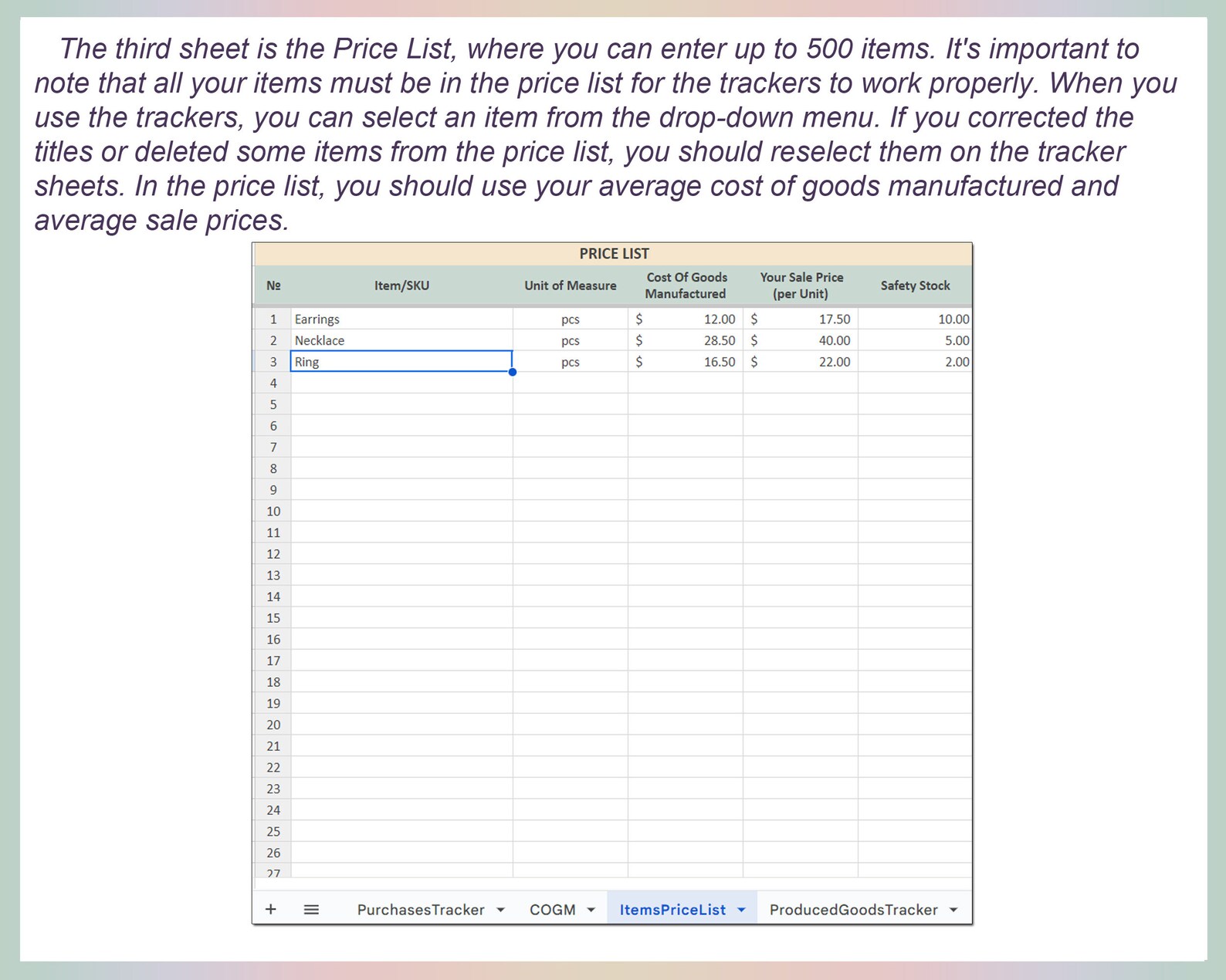 Inventory Spreadsheet Excel Google Sheet Pricing Sales Tracker Costing ...
