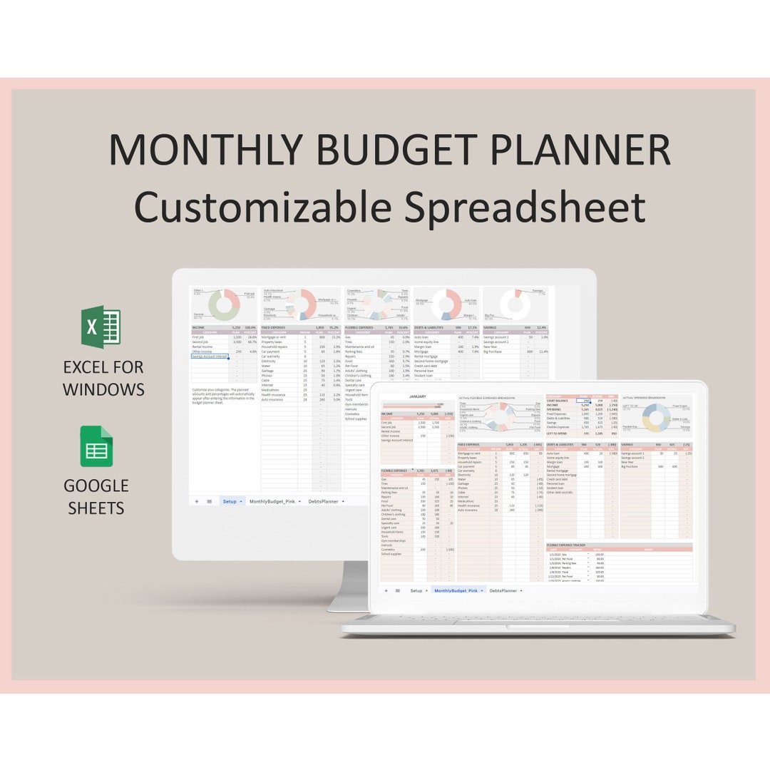 Monthly Budget Template Excel Planner Editable Spreadsheet Bill Tracker ...