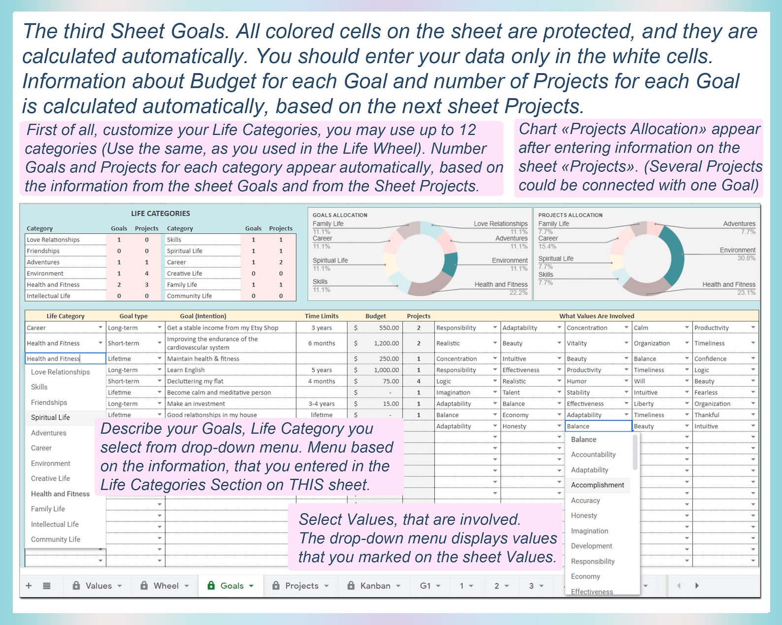 Life Planner Excel Goal Setting Project Planner (Instant Download) - Etsy