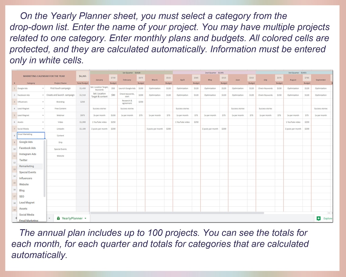 Marketing Planner, Marketing Calendar, Marketing Budget, Content Social ...