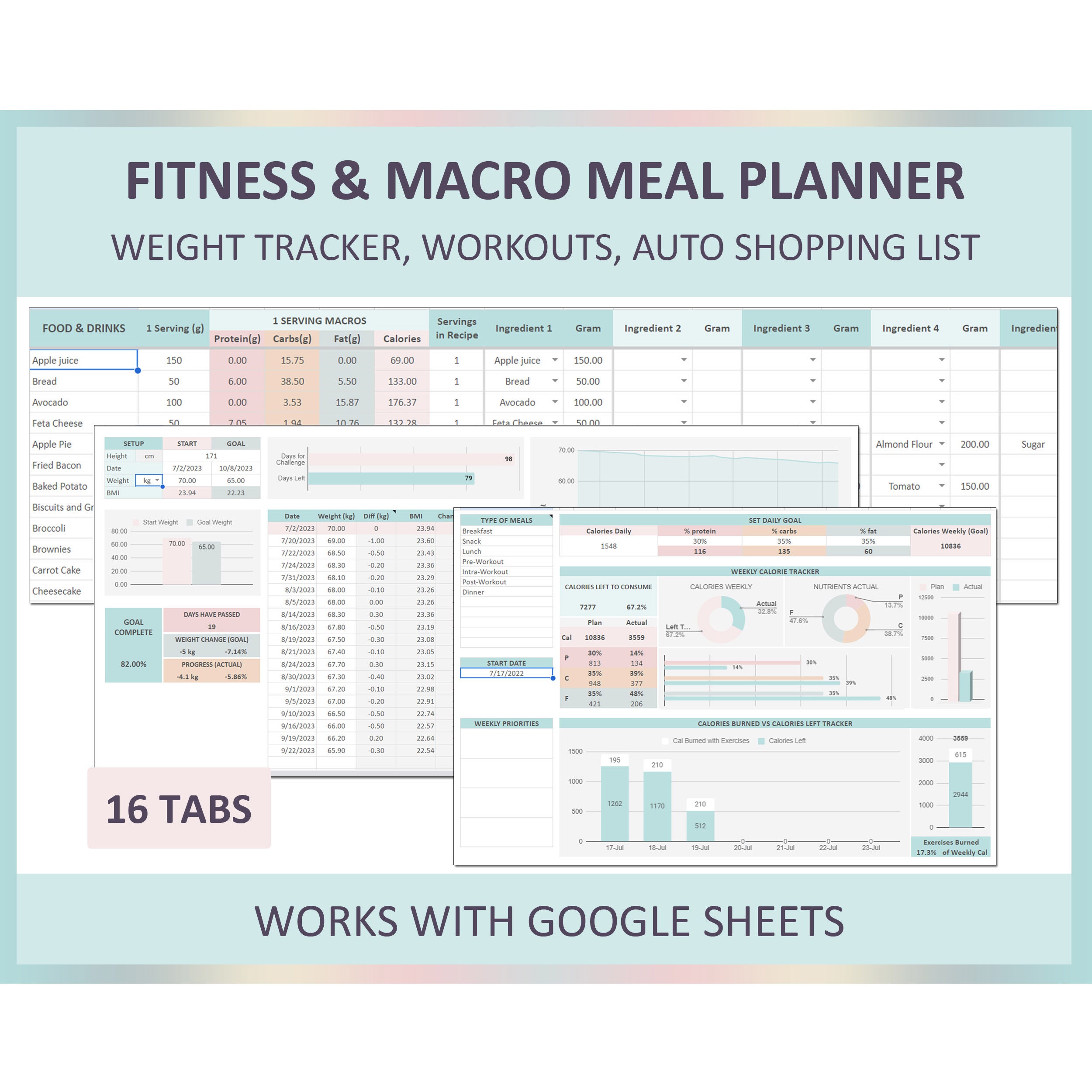 Fitness Planner Spreadsheet Macro Diet Meal Tracker Workout Organizer ...