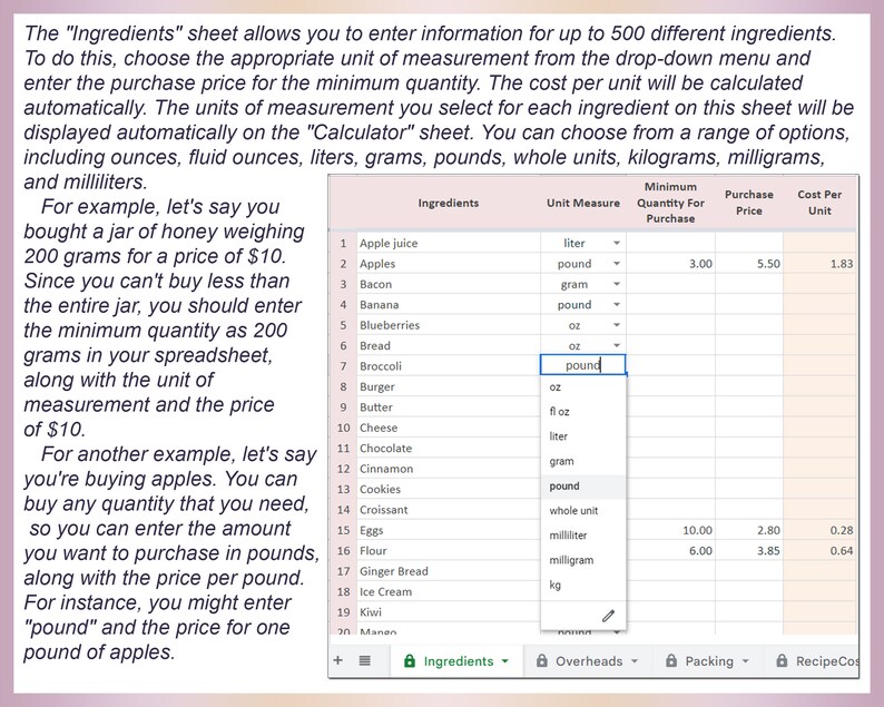 Recipe Cost Calculator Excel Template Order Profit Formula Baking Price ...