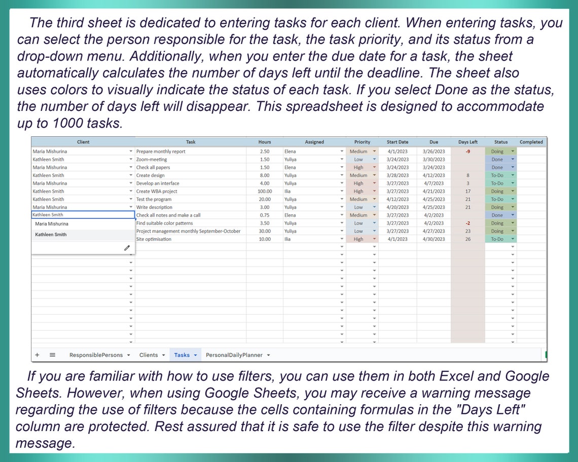 Work Task Tracker, Client Tracker Excel, Office Task Planner, Team ...