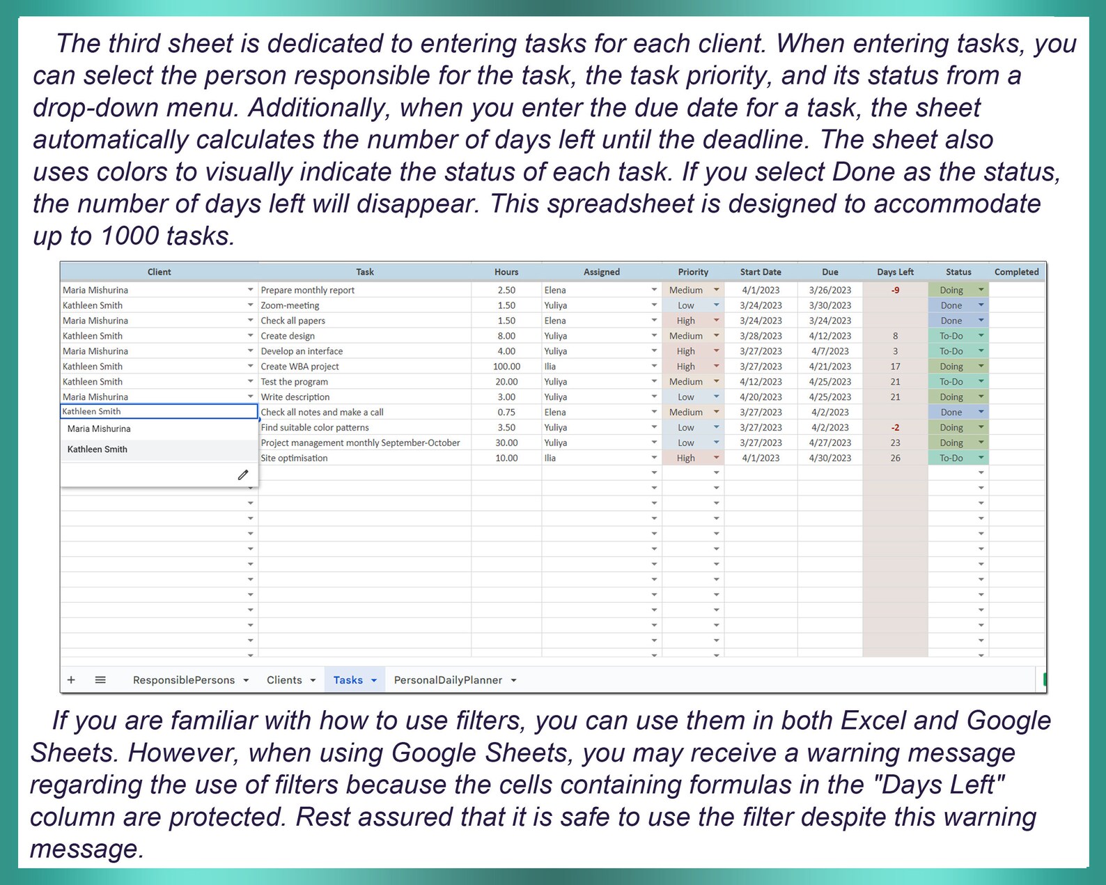 Client Base With Task Tracker, Client Tracker Excel, Work Task Planner ...