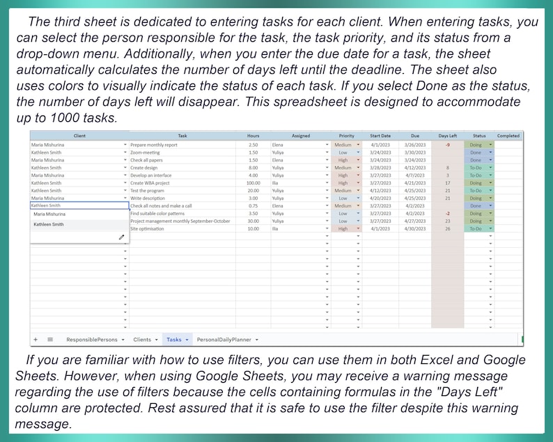 Client Base With Task Tracker, Client Tracker Excel, Work Task Planner ...
