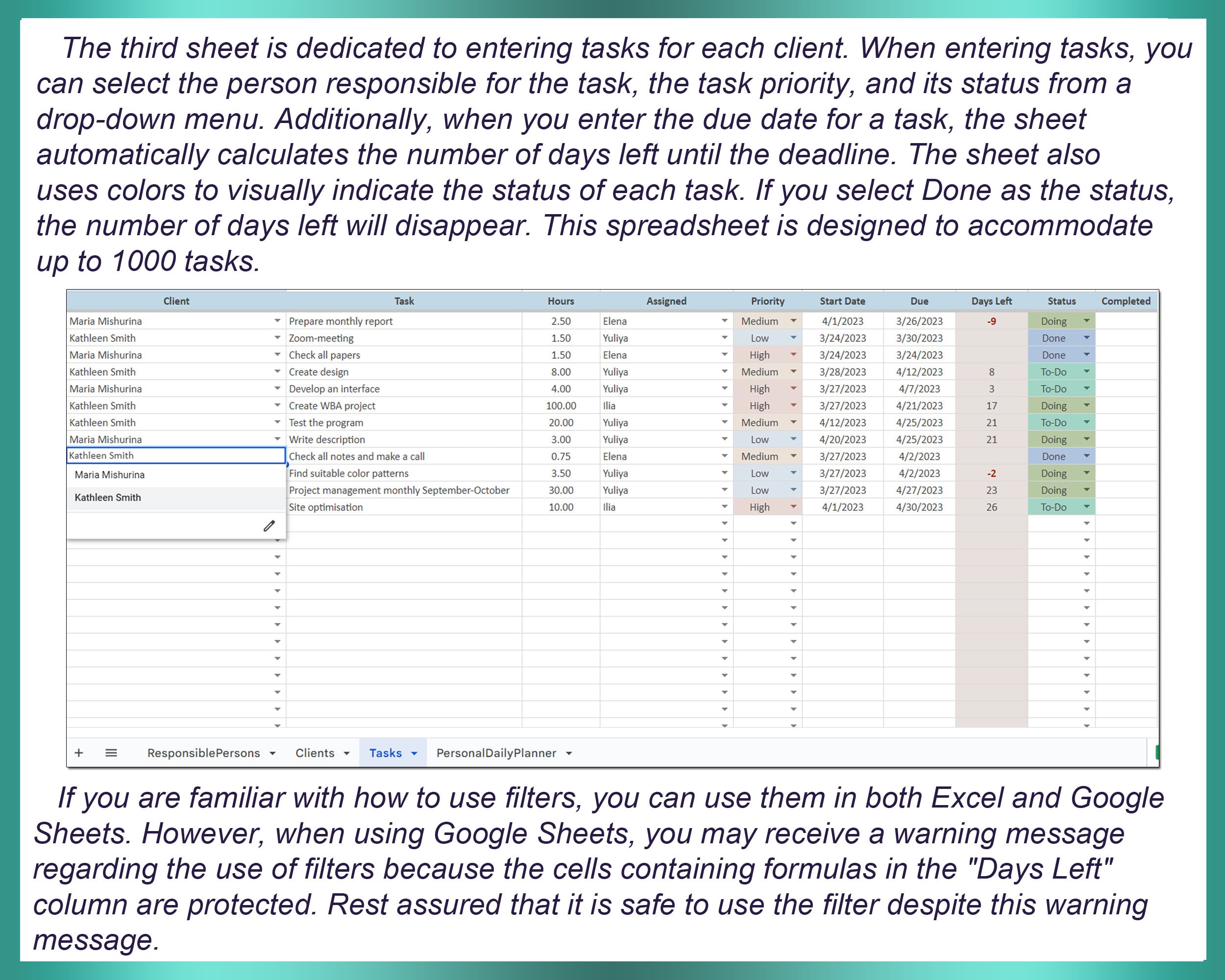 Client Base With Task Tracker, Client Tracker Excel, Work Task Planner ...