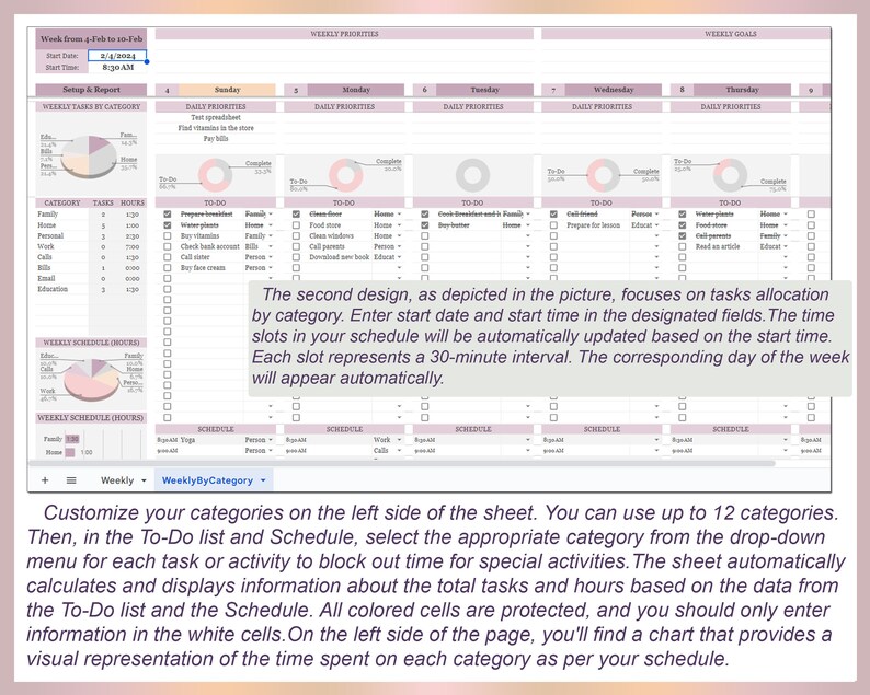 Weekly Planner Template Time Organizer Google Sheets Excel Schedule ...