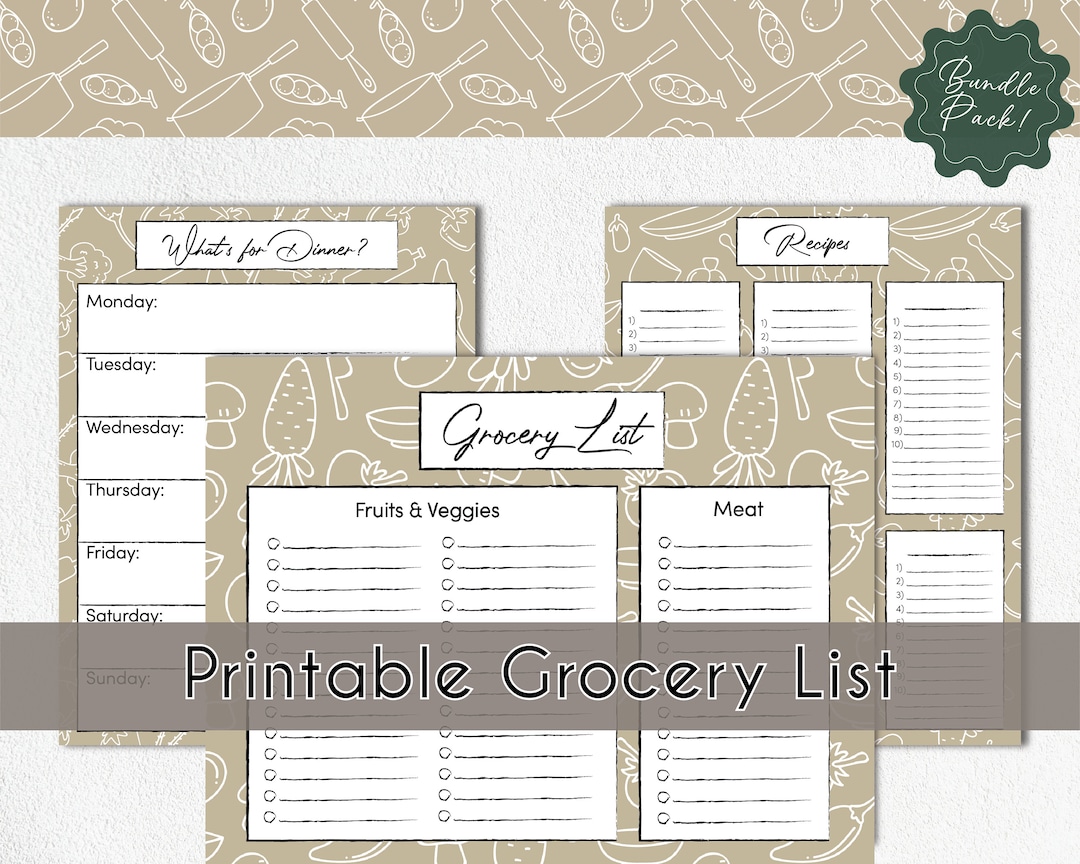 Boho Grocery Checklist-printable Template, Recipe Log, and Meal Prep ...