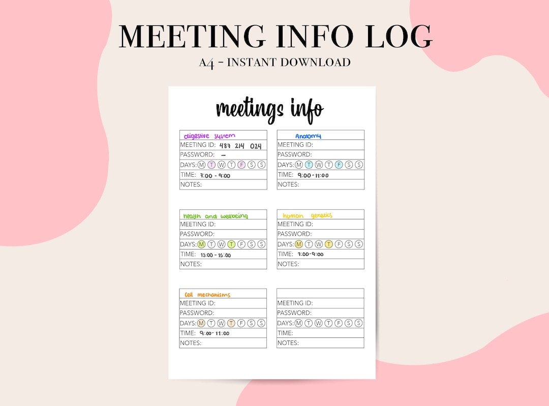 Meeting Information Log, Zoom Meeting Tracker, Google Teams, Online ...