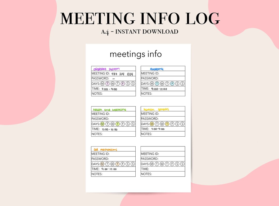 Meeting Information Log, Zoom Meeting Tracker, Google Teams, Online ...