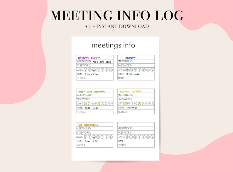 Meeting Information Log, Zoom Meeting Tracker, Google Teams, Online ...