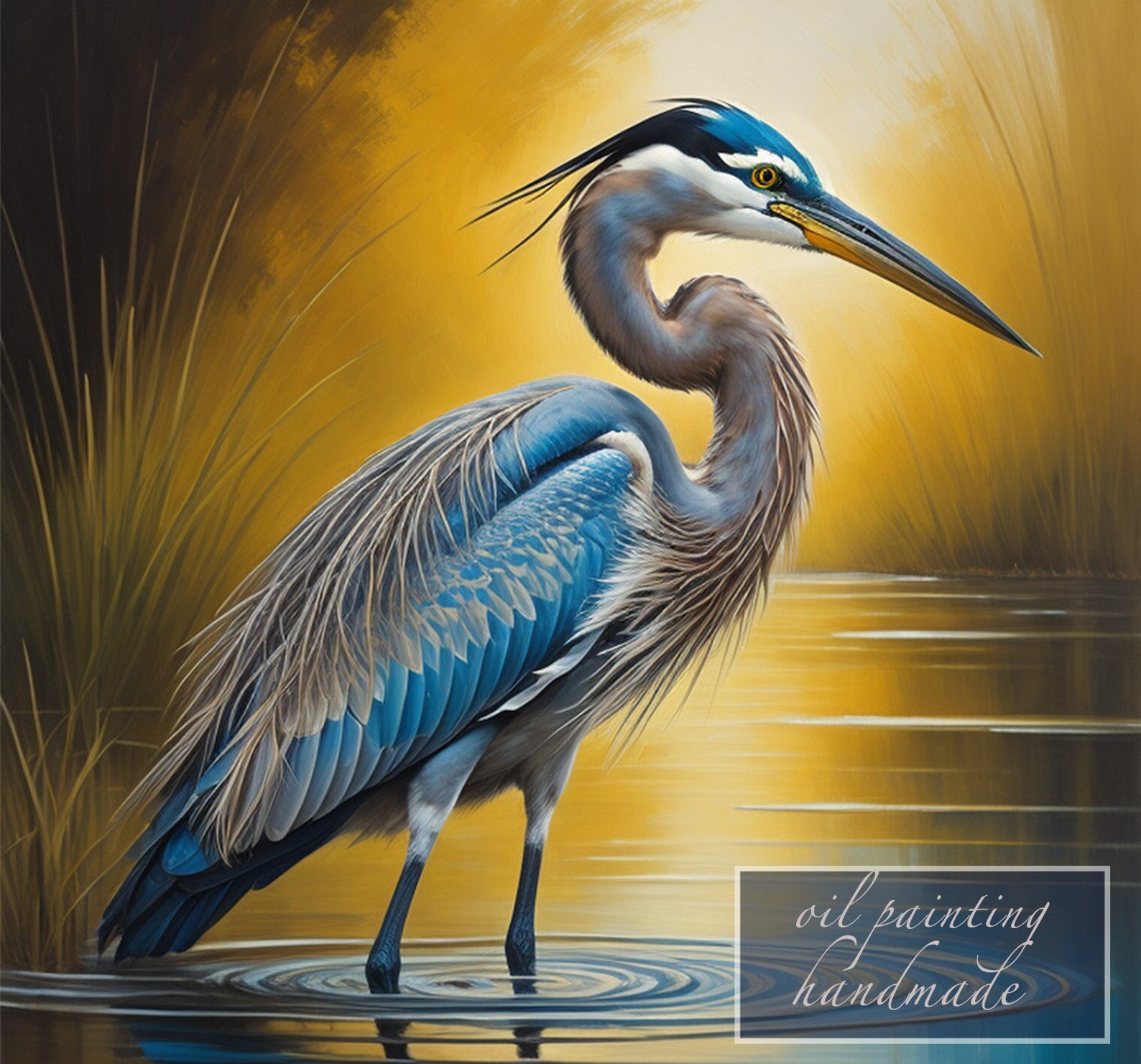 Great Blue Heron Painting, Blue Heron Textured Painting, Large Blue ...