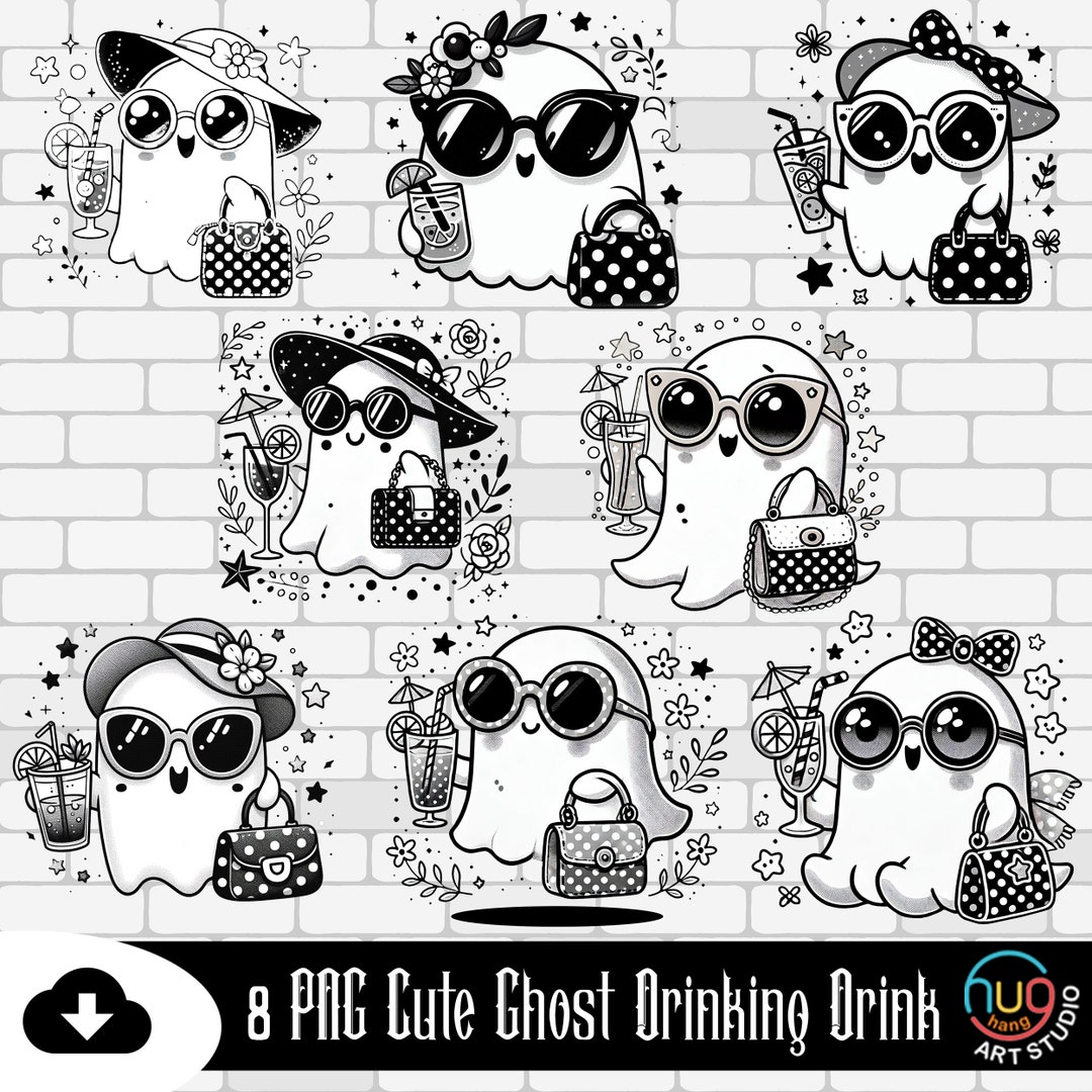 8 Cute Ghost Drinking Drink Fall Halloween Bundle, Cute Ghost Png ...