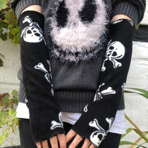 Goth Wrist Warmers, Fingerless Gloves, Skulls, Handmade, Long Length ...