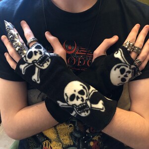 Goth Wrist Warmers, Fingerless Gloves, Skulls, Handmade, Long Length ...