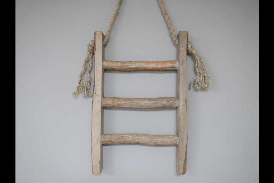 LADDER Small Rustic Whitewash Reclaimed Wood Wall Ladder Rope Hung - Etsy