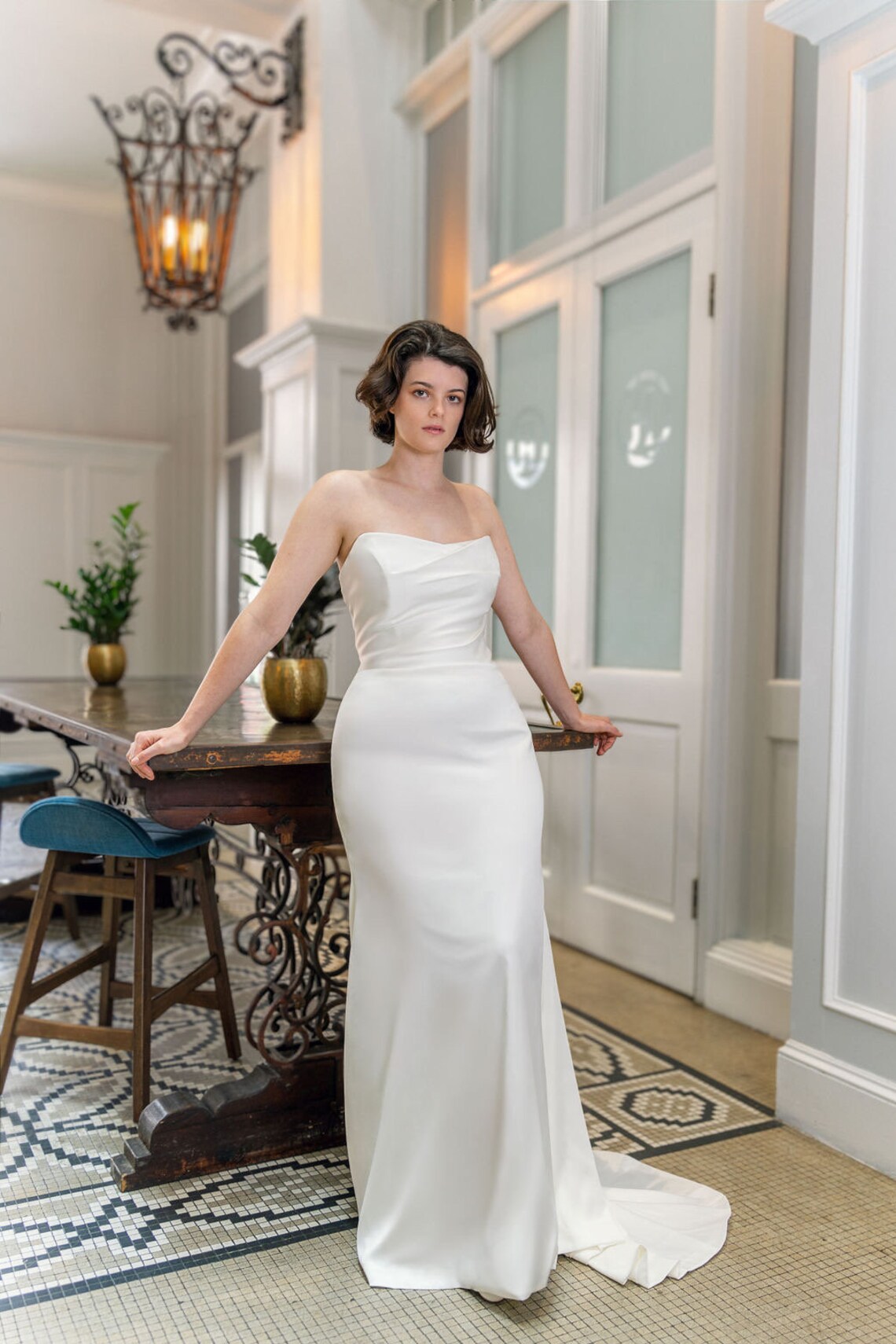 Simple Wedding Dress With Soft Ruched Cat Eye Neckline. Charmeuse Satin ...