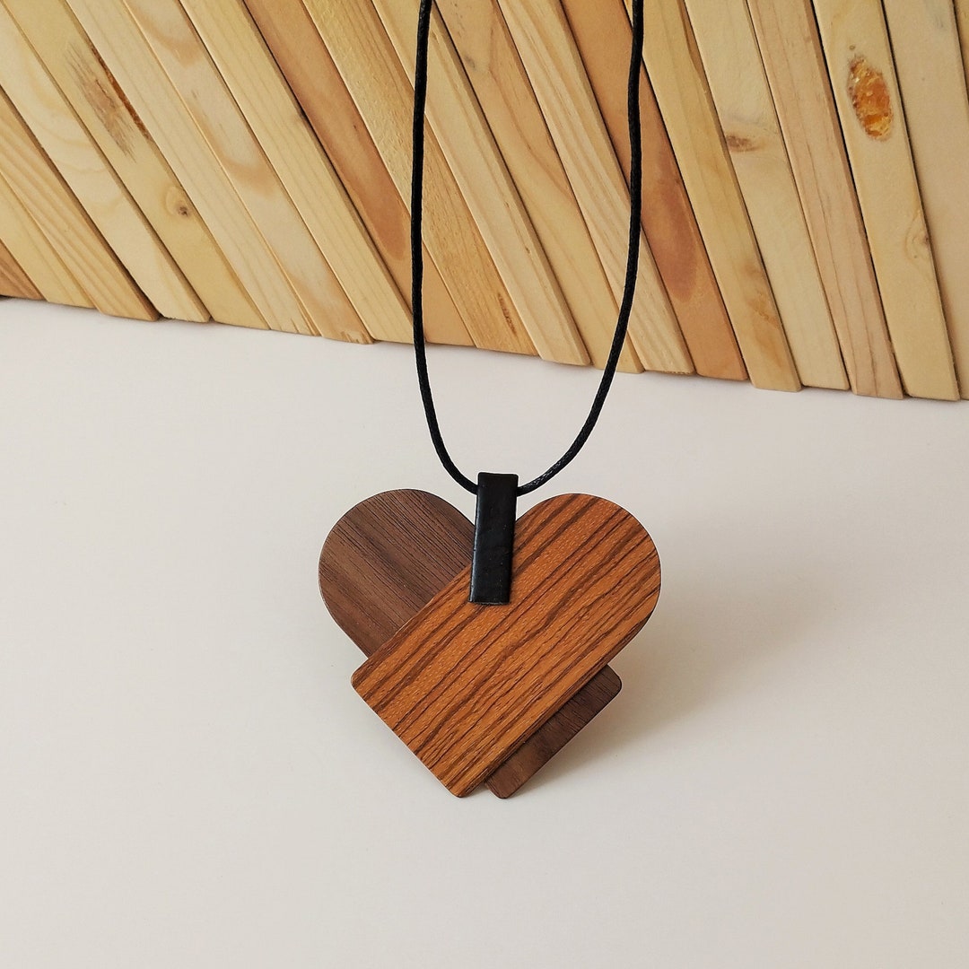Wooden Heart Pendant Necklace AMARE / Handcrafted Large Heart Shaped ...