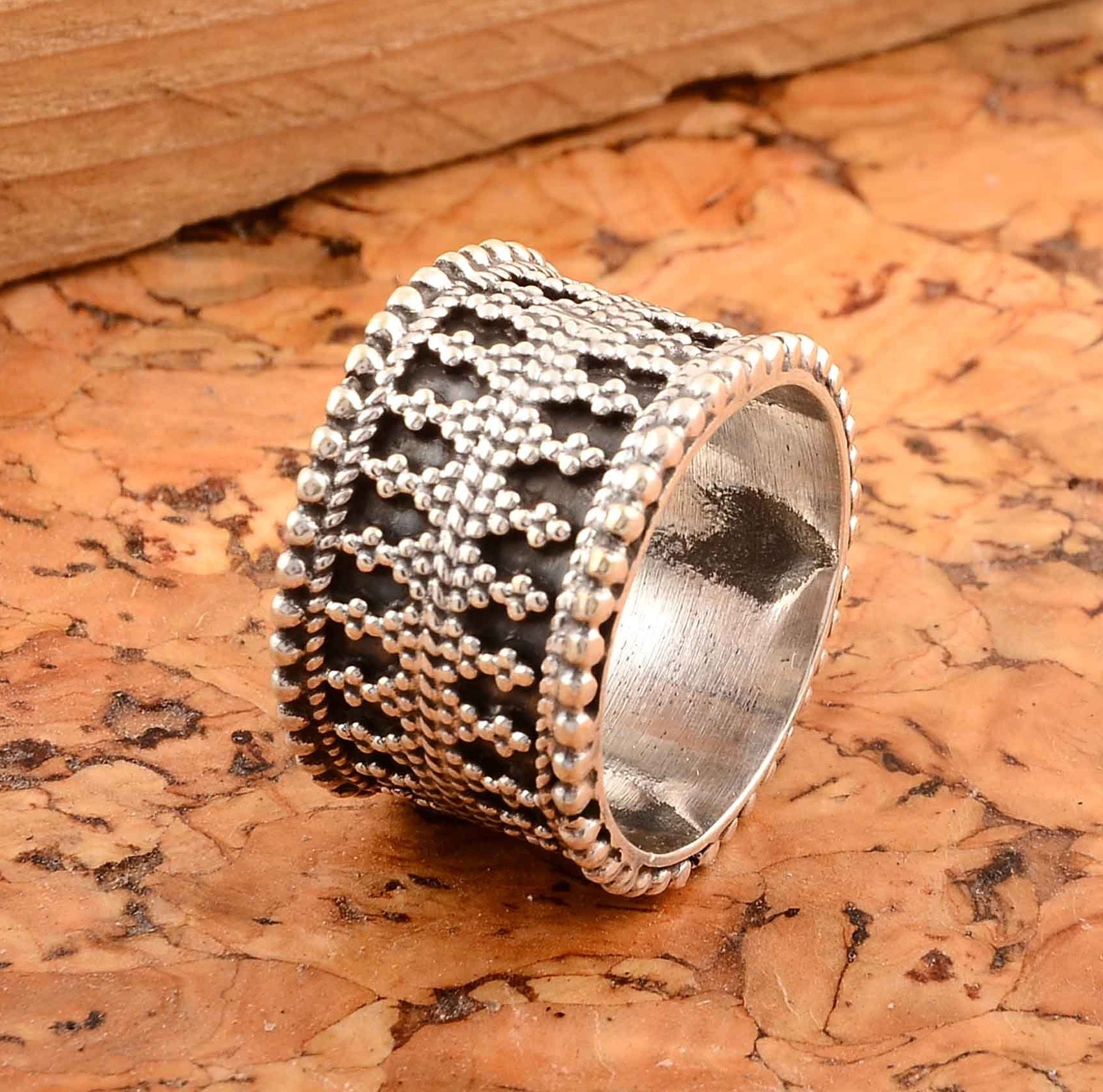 Beaded Silver Wide Band Sterling Silver Boho Statement Ring - Etsy