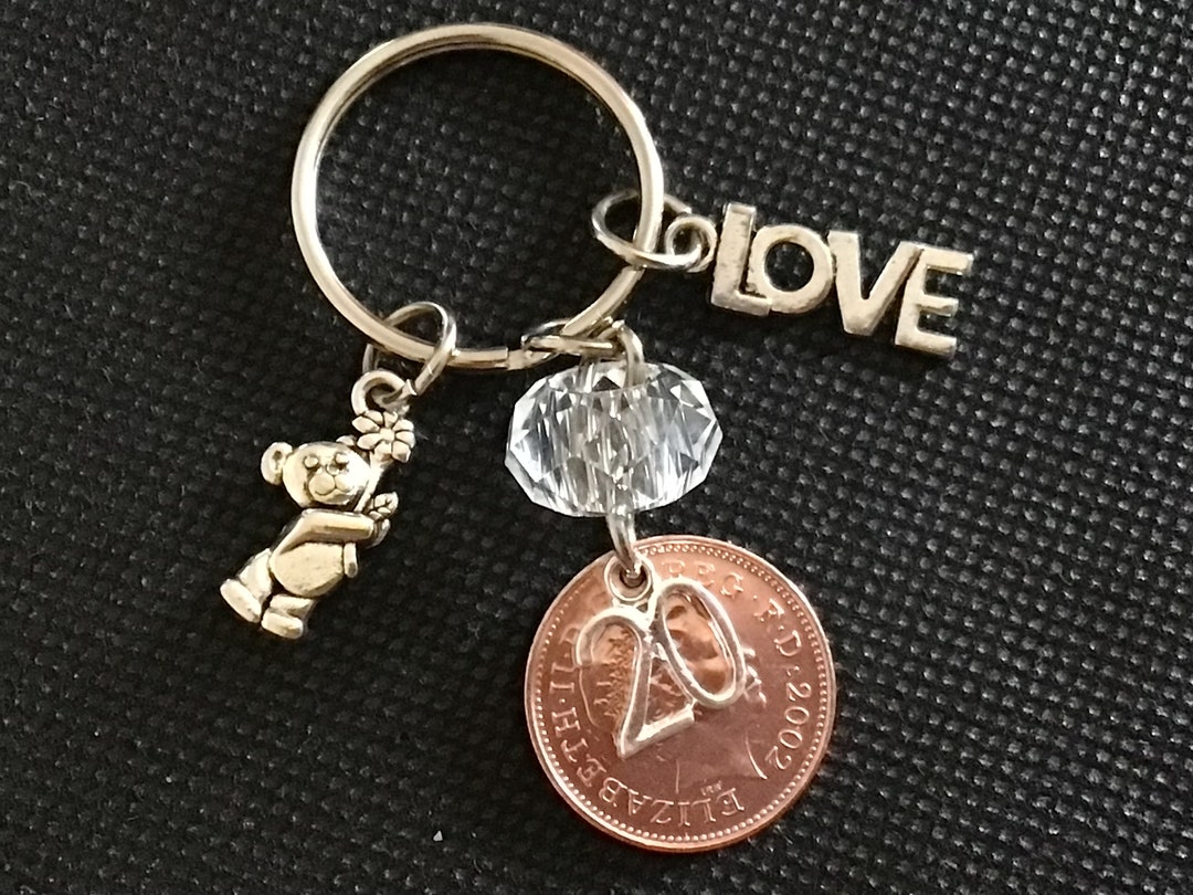 20th Wedding Anniversary or Birthday Coin Keyring Gift With Charms ...