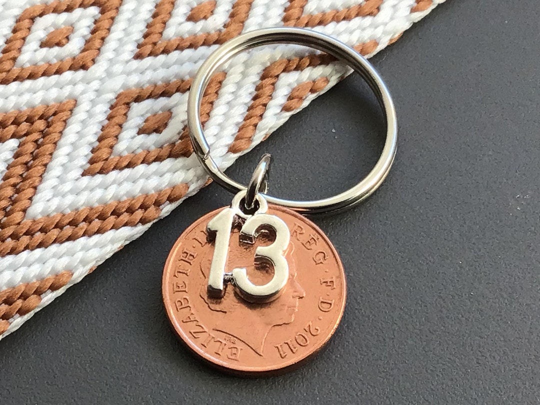 Polished 13th Anniversary or Birthday Coin Keyring With 13 Charm Gift ...