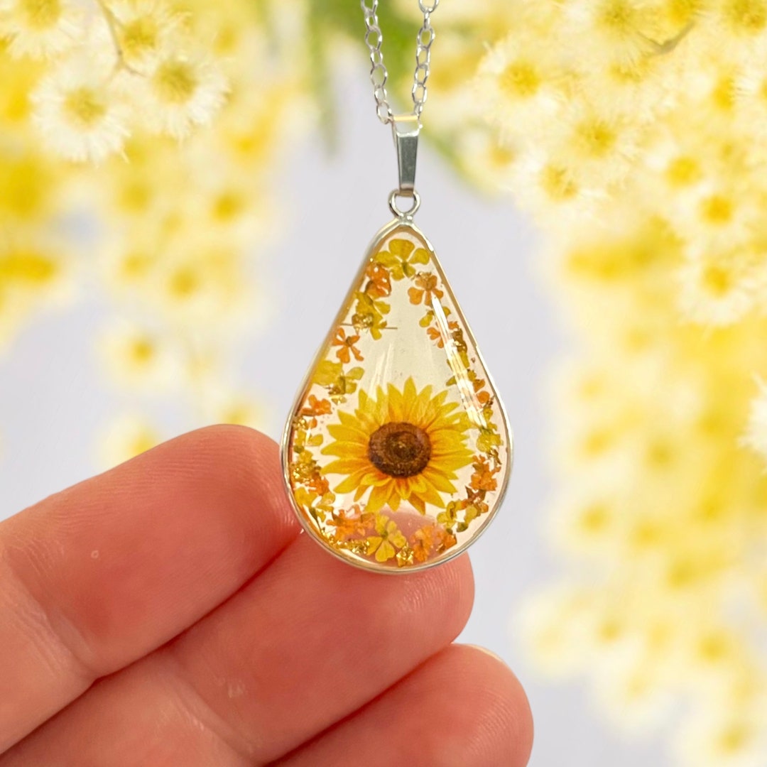 Sunflower Pendant, Sterling Silver Sunflower Necklace, Teardrop ...